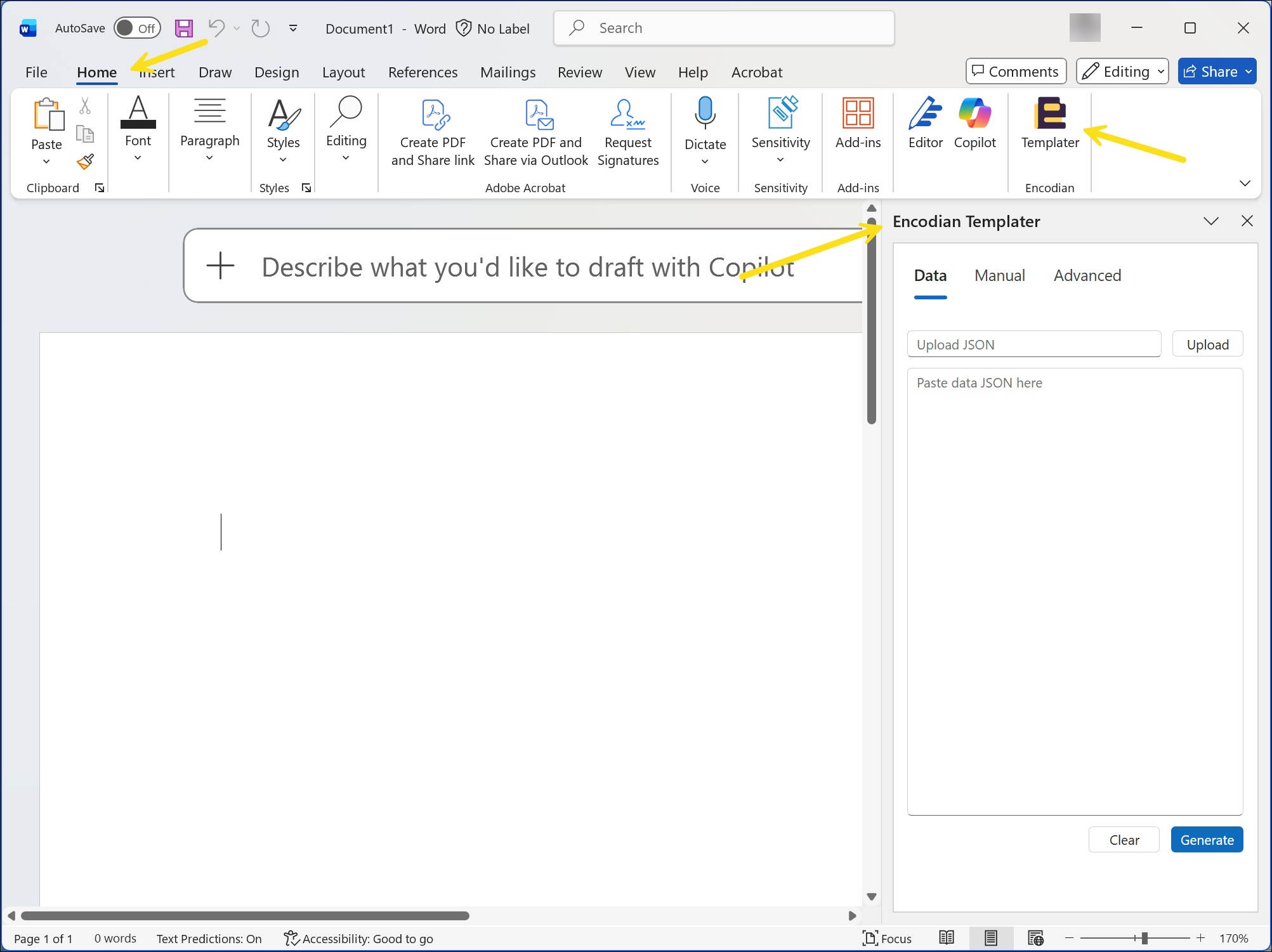 Opening the Templater Add-in – Encodian Customer Help